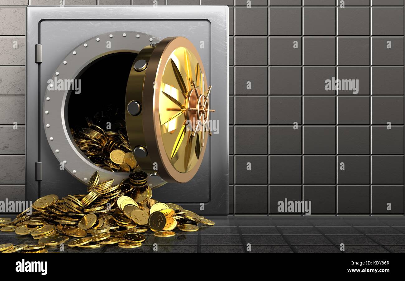 3d illustration of metal safe with golden coins over steel wall ...