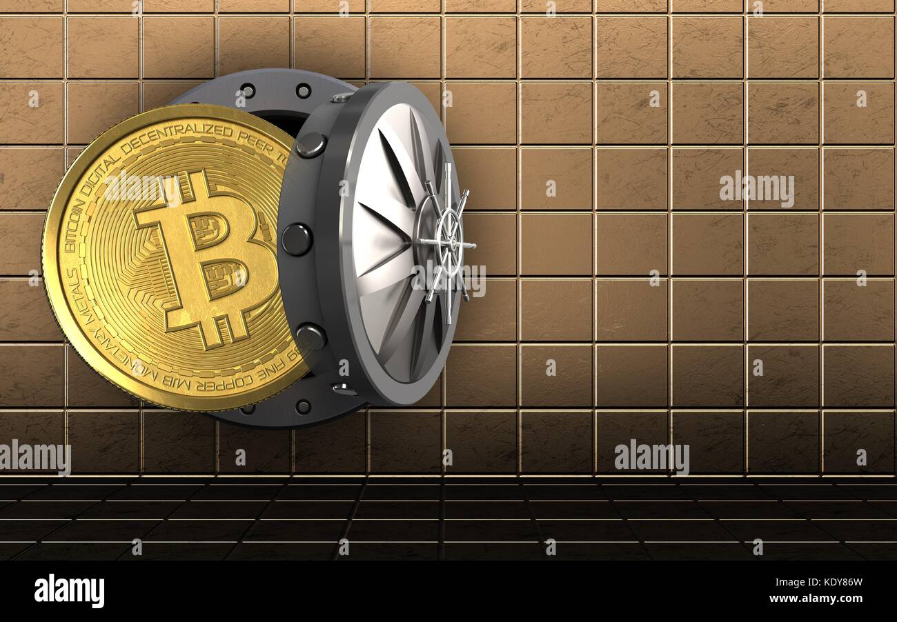 3d illustration of bitcoin storage over golden wall background Stock ...