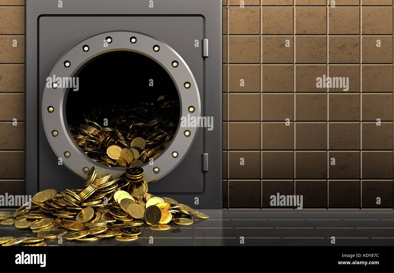 3d illustration of metal safe with golden coins over golden wall ...