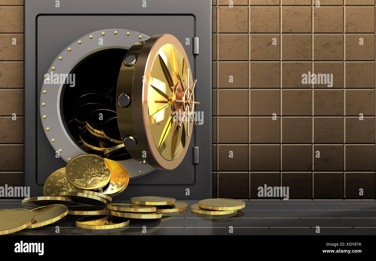 3d illustration of metal safe with coins over golden wall background ...