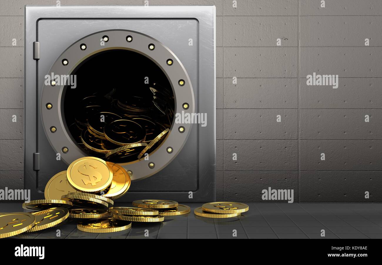 3d illustration of metal safe with dollar coins over iron wall ...
