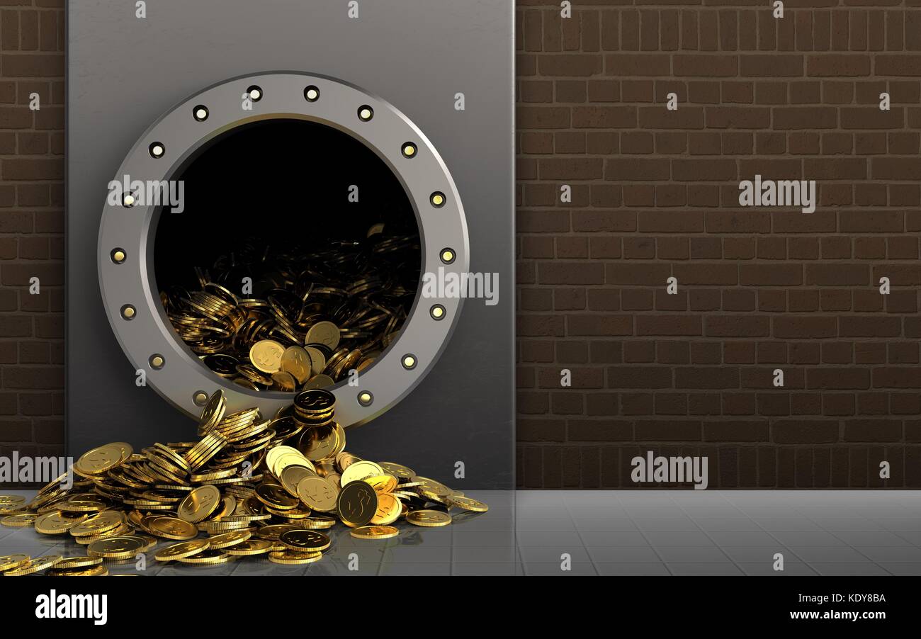 3d illustration of metal box with golden coins over bricks background ...