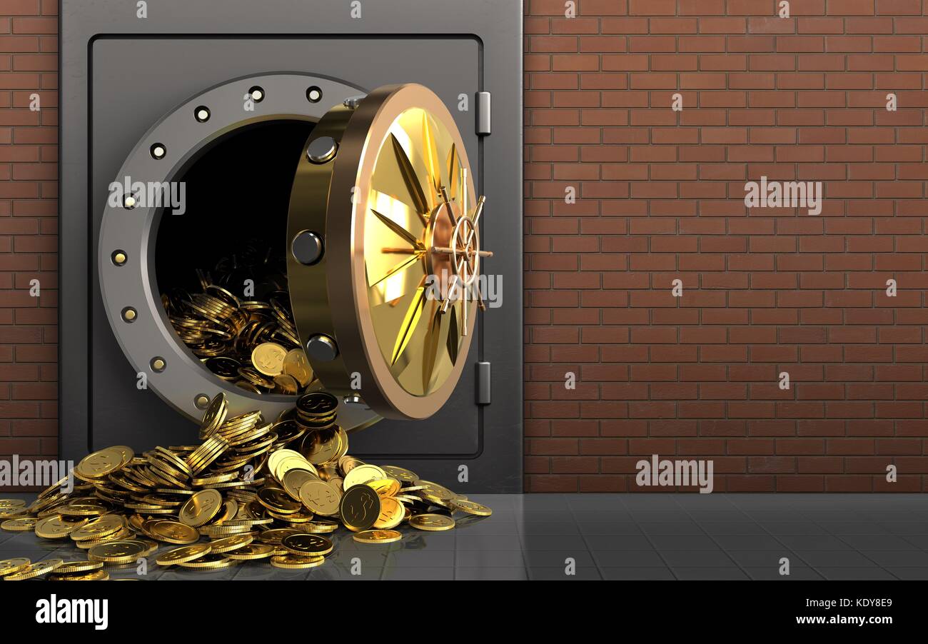 3d illustration of metal safe with golden coins over red bricks ...