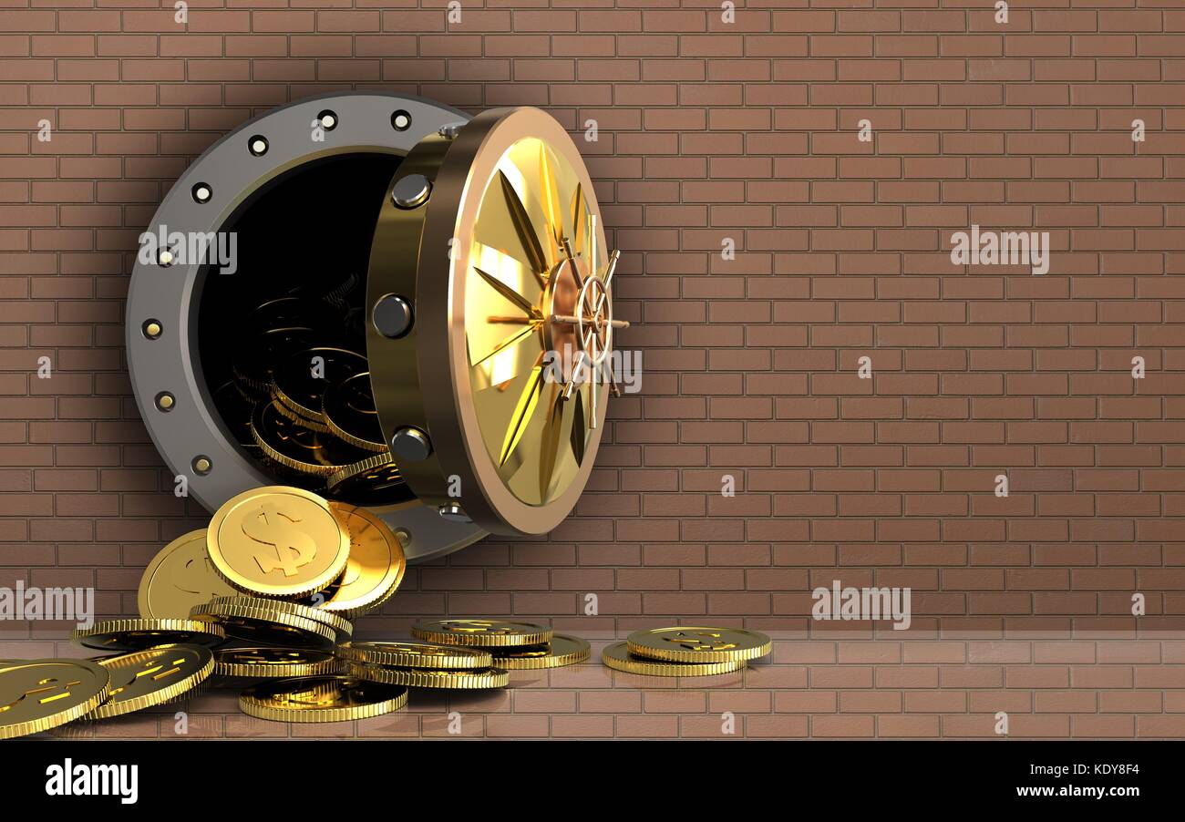 3d illustration of dollar coins storage over bricks wall background ...