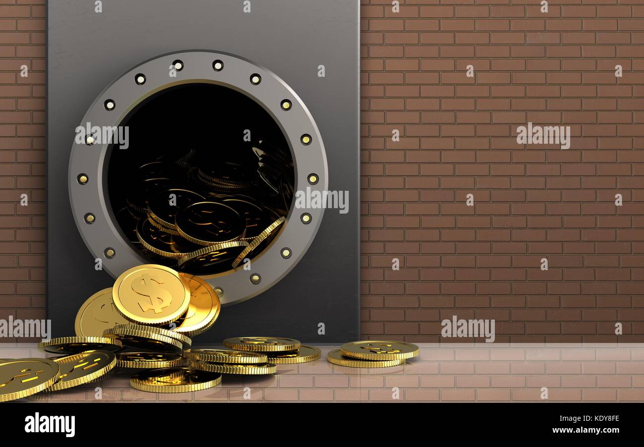 3d illustration of metal box with dollar coins over bricks wall ...