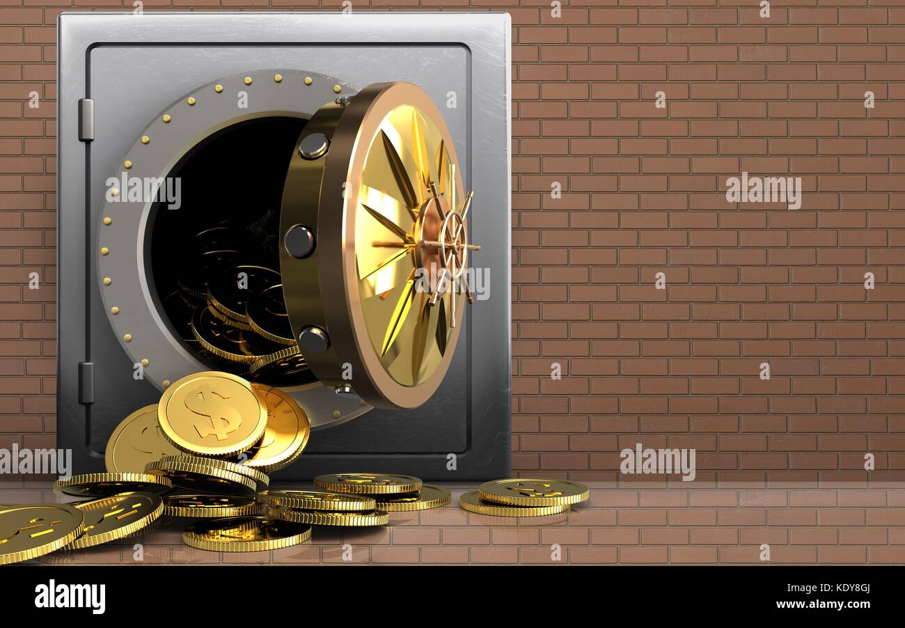3d illustration of metal safe with dollar coins over bricks wall ...