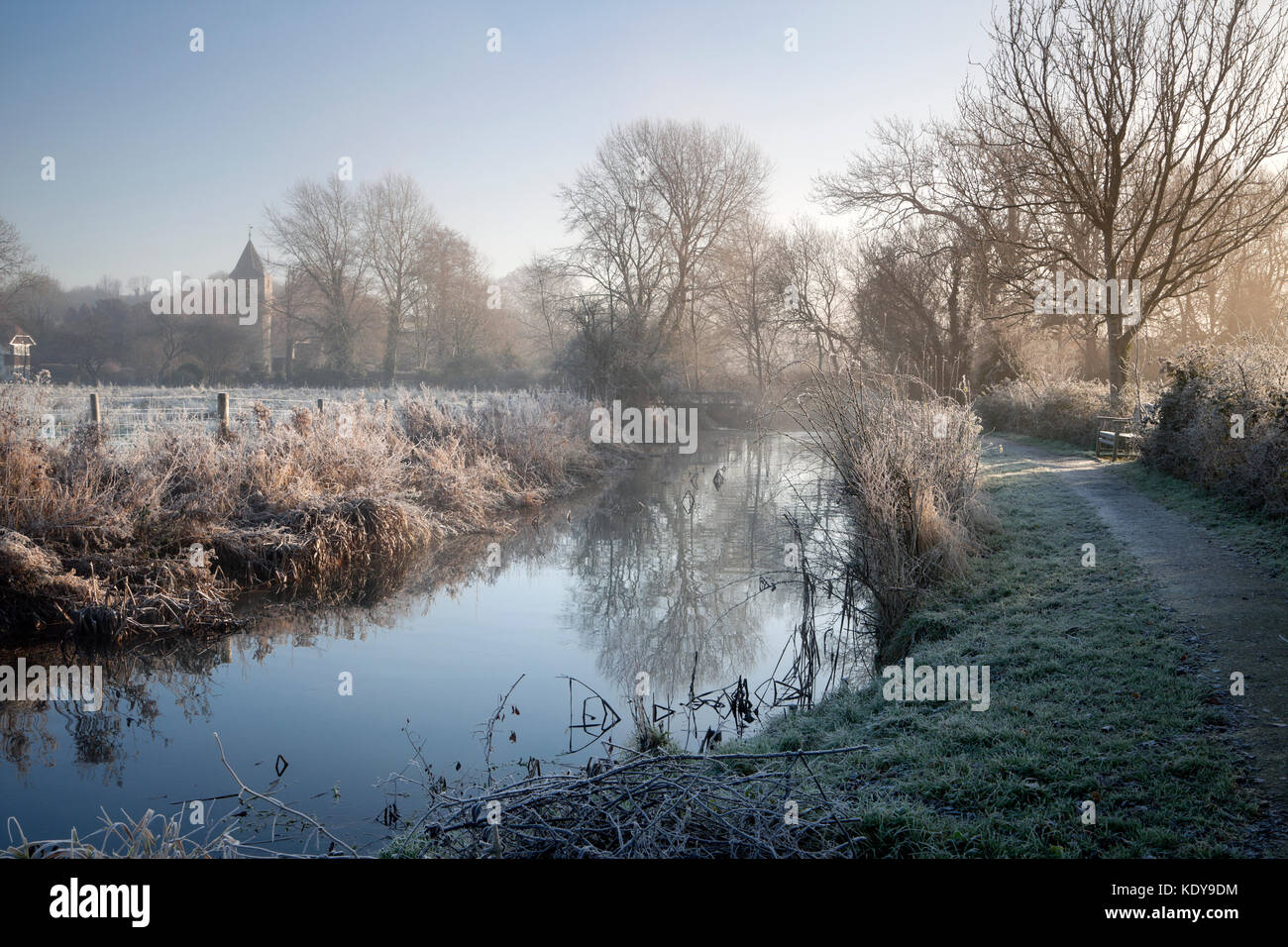 Early morning frost beside the RIver Wylye at Steeple Langford in ...
