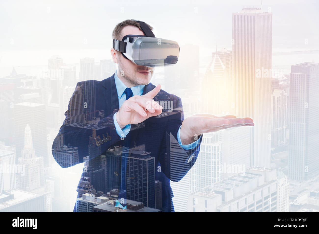 Pleasant businessman interacting with object in virtual reality Stock ...