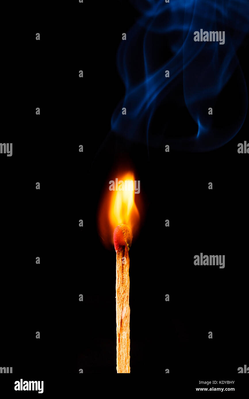 burning wooden kitchen matchstick ignition on black background macro ...
