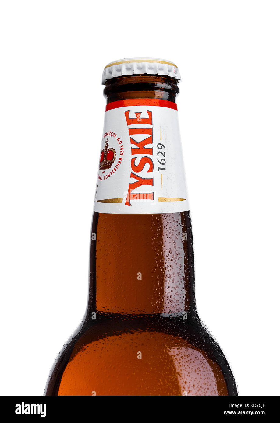 LONDON,UK - MARCH 23, 2017 : Bottle of Tyskie beer on white background ...