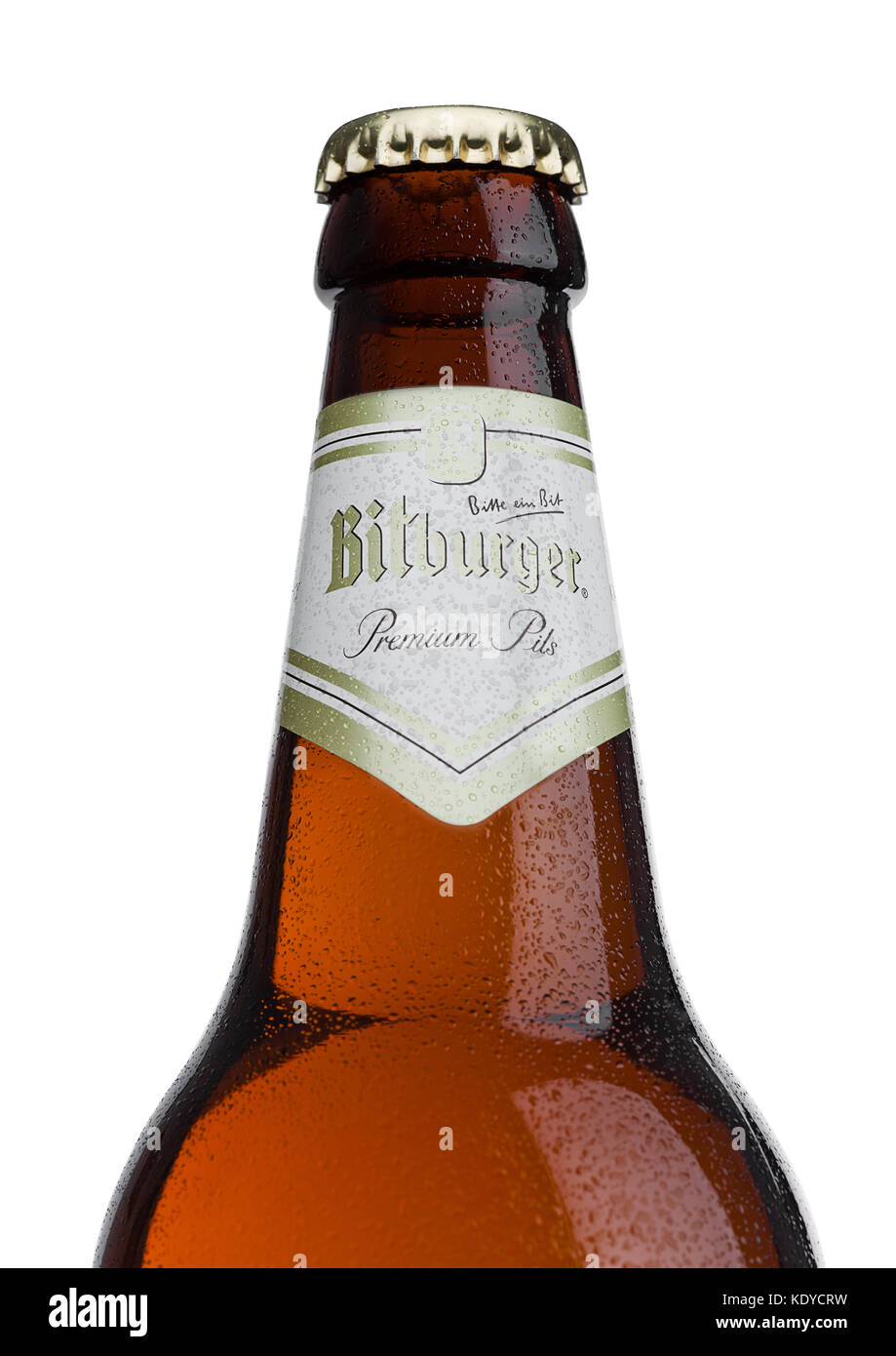 LONDON, UNITED KINGDOM - MARCH 23, 2017: Bottle of Bitburger beer on ...