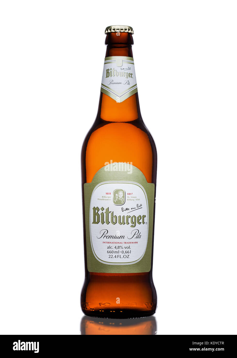 LONDON, UNITED KINGDOM - MARCH 23, 2017: Bottle of Bitburger beer on ...