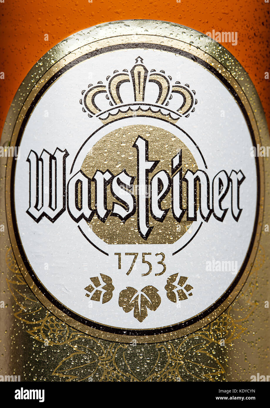 LONDON,UK - MARCH 21, 2017 : Bottle label of Warsteiner Beer on white ...