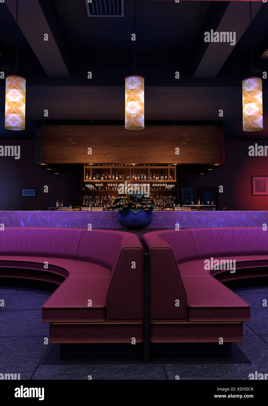 3D rendering of a luxury night lounge bar interior in a purple light ...