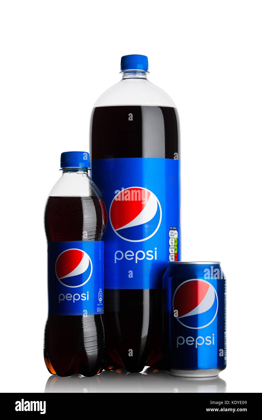 LONDON, UK - JUNE 9, 2017: Bottle and glass with ice cubes of Pepsi ...