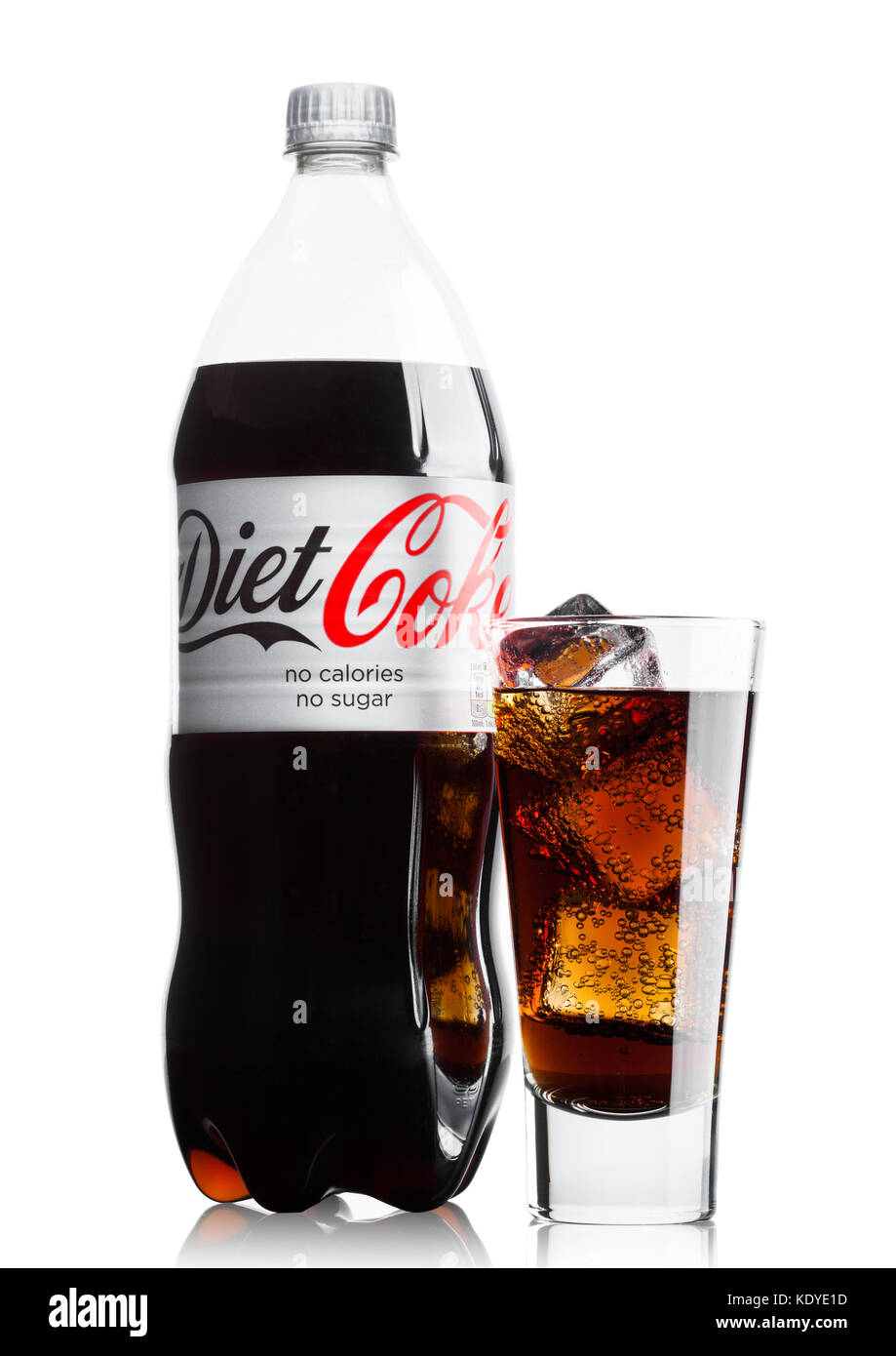 LONDON, UK - JUNE 9, 2017: Bottle and glass of Diet Coke soft drink on ...