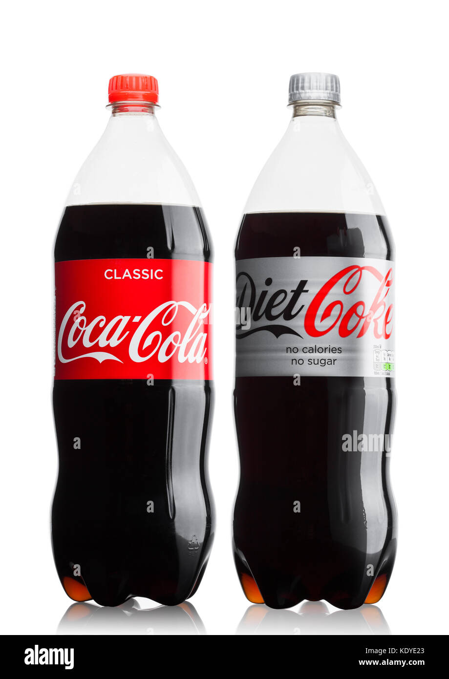 LONDON, UK - JUNE 9, 2017: Bottles of Coca Cola classic and Diet Coke ...