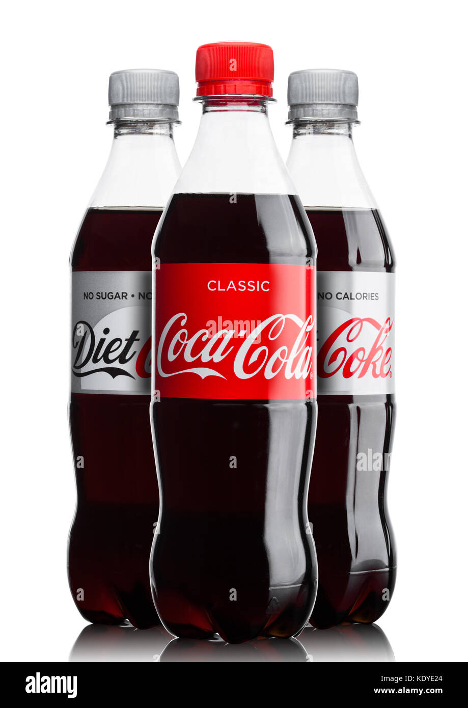 LONDON, UK - JUNE 9, 2017: Bottles of Coca Cola classic and Diet Coke ...