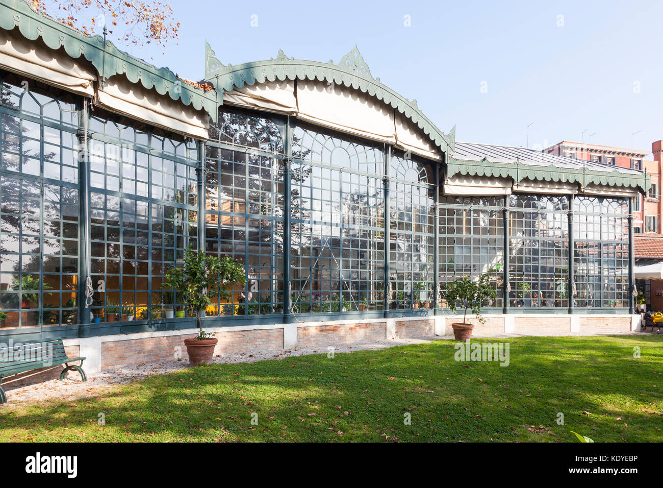 Exterior glass facade of the old Greenhouse in the Giardini Pubblici ...