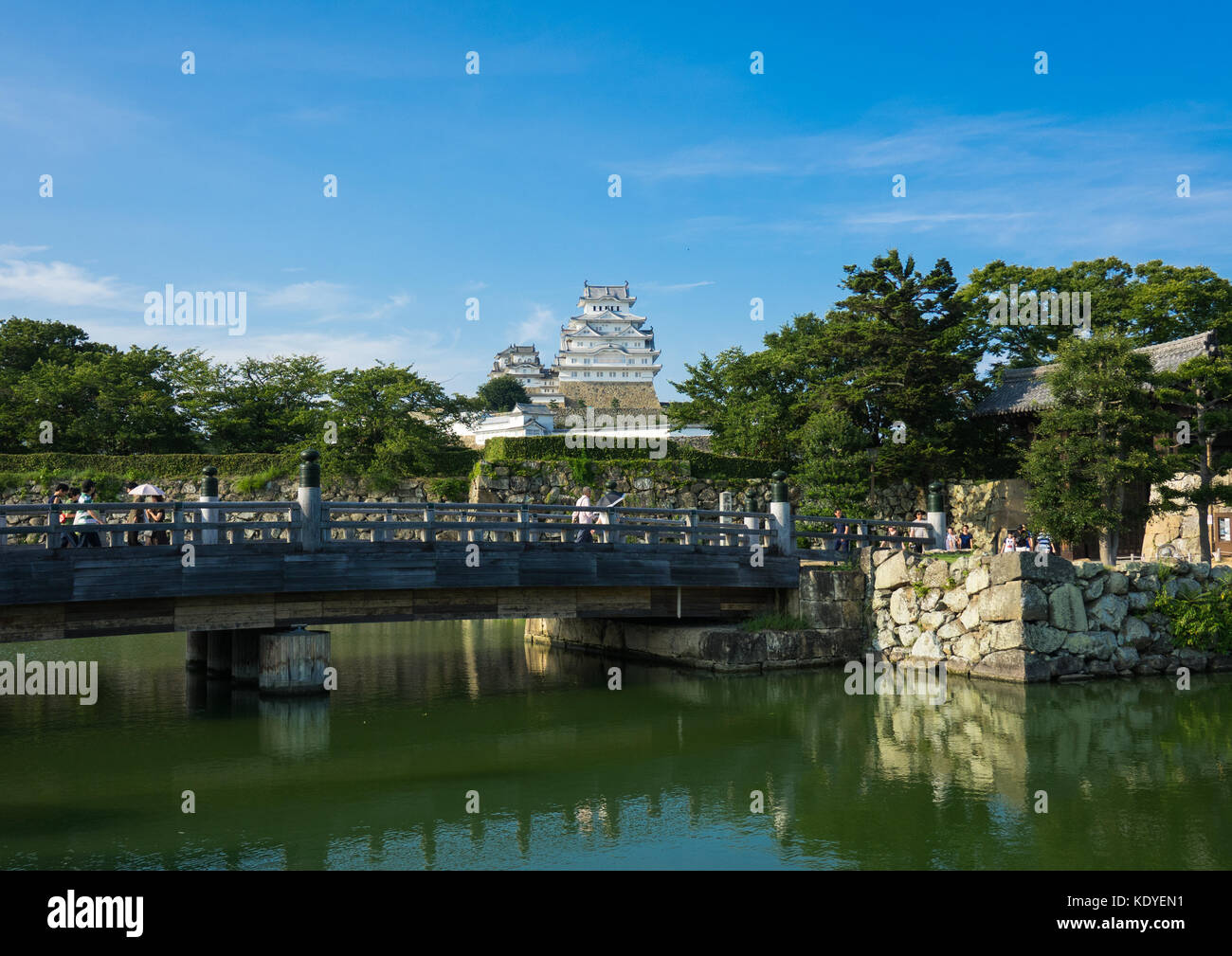 View of Himeji Castle from the entrance pond and bridge, Himeji, Hyogo ...