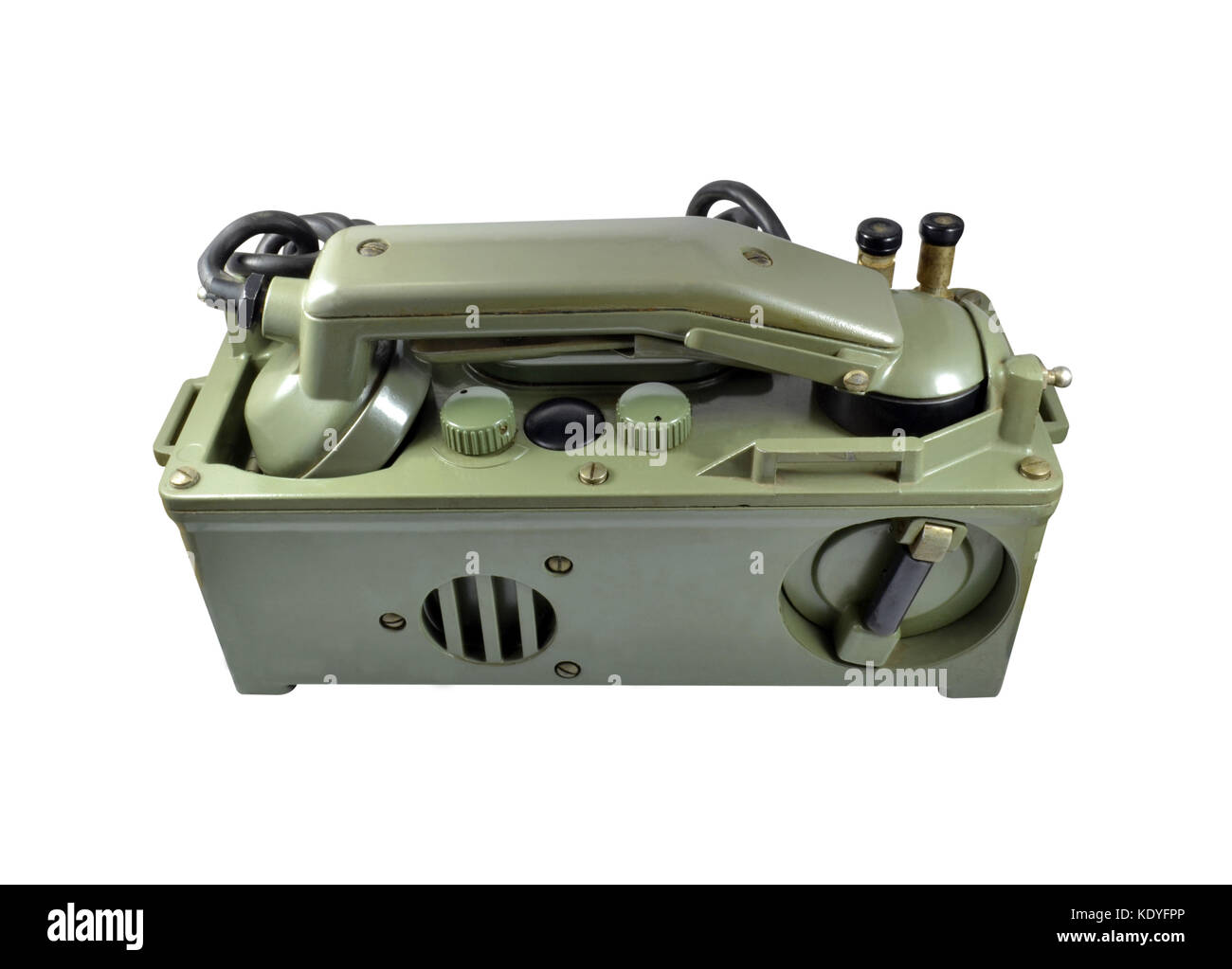 Vintage army field phone on white background Stock Photo - Alamy