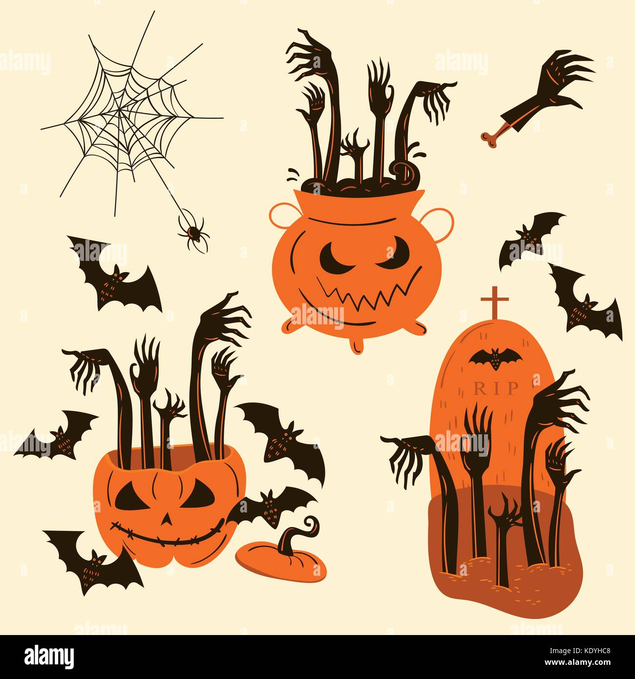 Set of zombie hands in Halloween pumpkin, witch pot and . headstone ...