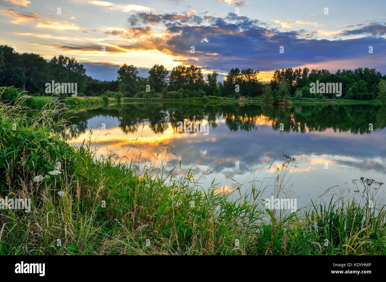 Beautiful summer landscape. Pond in the countryside in fabulous evening ...