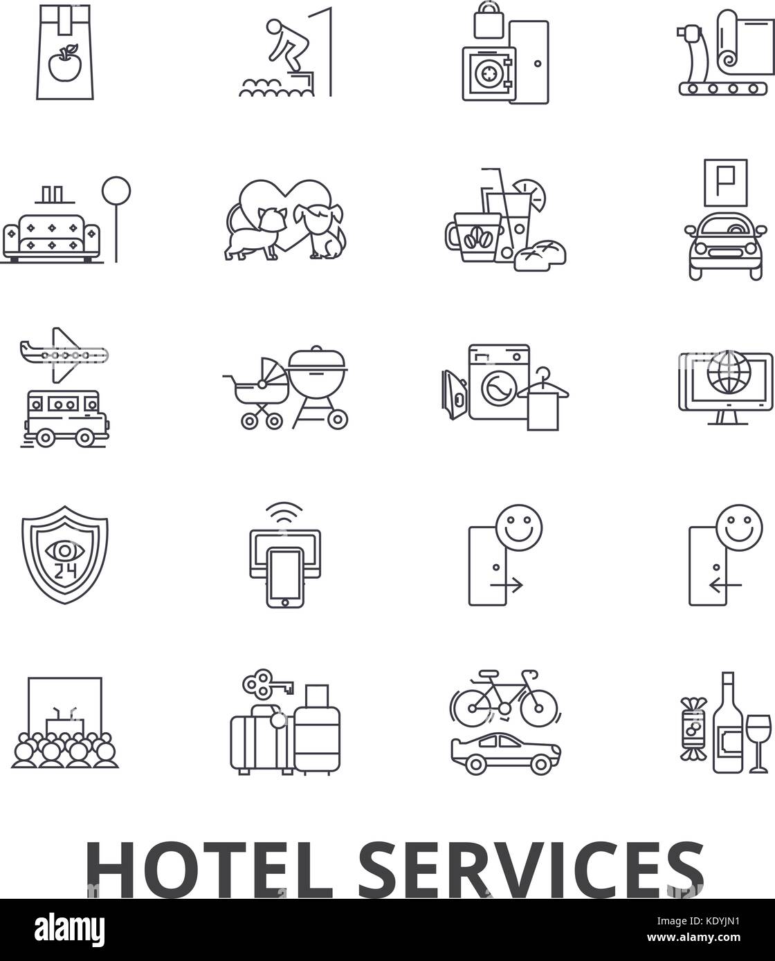 Hotel services, room service, tourism, receptionist line icons ...