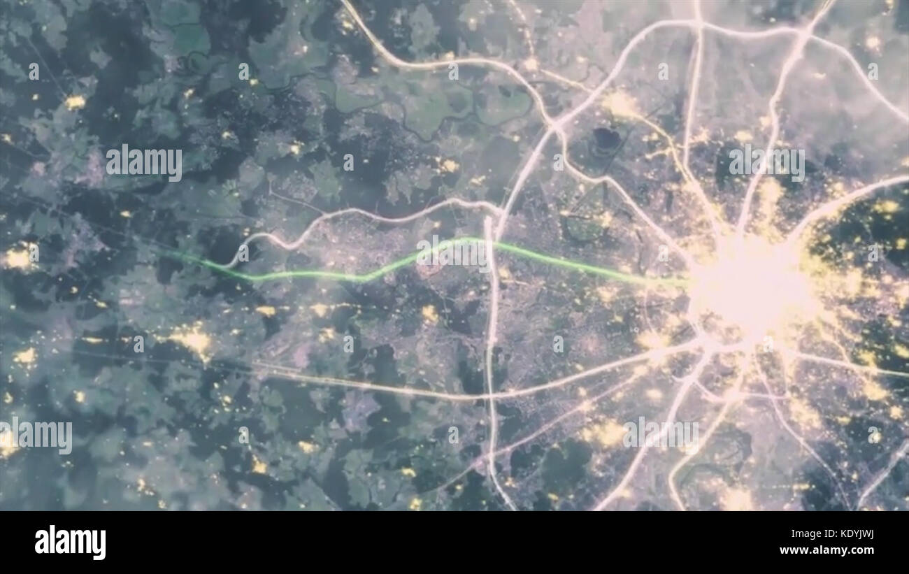 Moscow from space. Animation. View of night Moscow from the plane, or ...