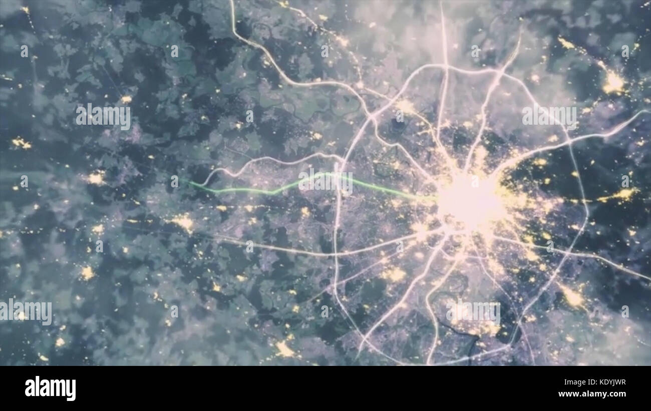 Moscow from space. Animation. View of night Moscow from the plane, or ...