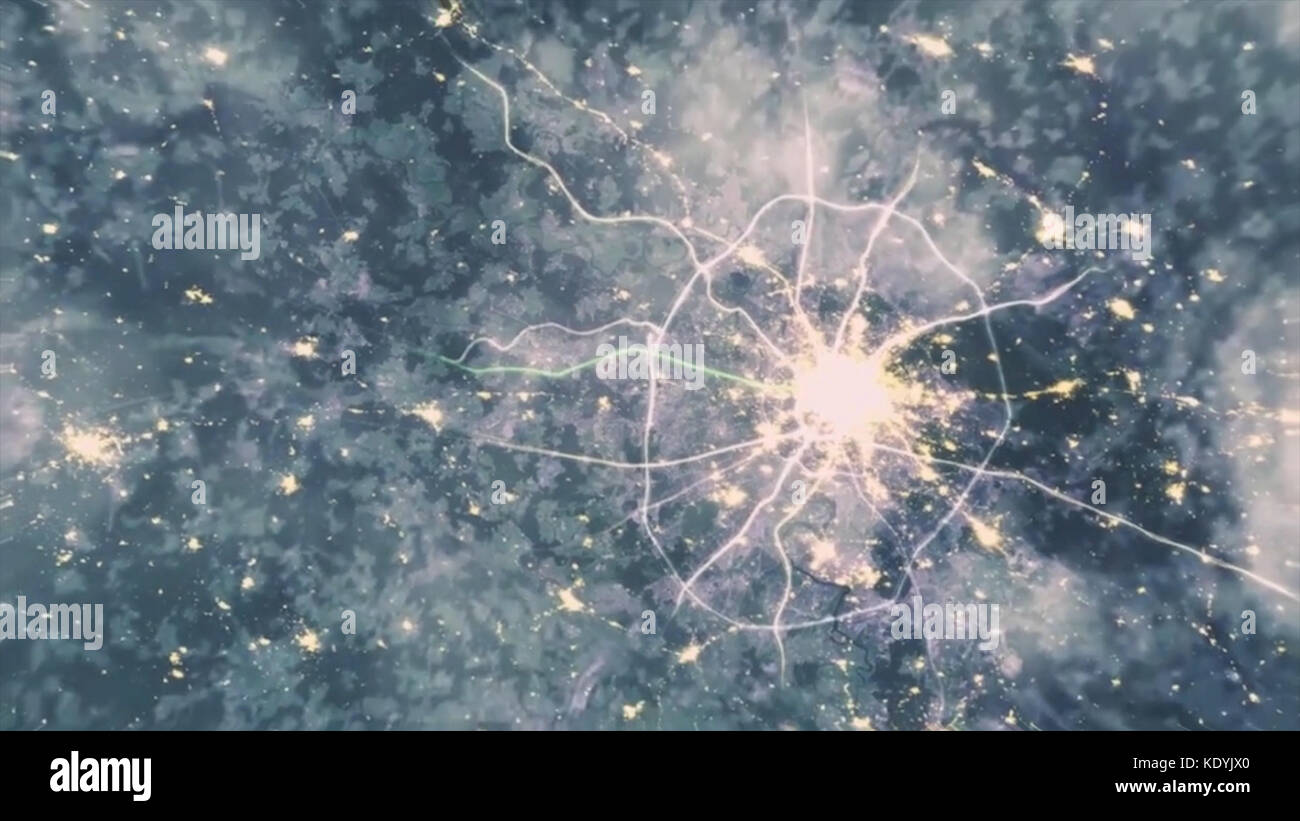 Moscow from space. Animation. View of night Moscow from the plane, or ...