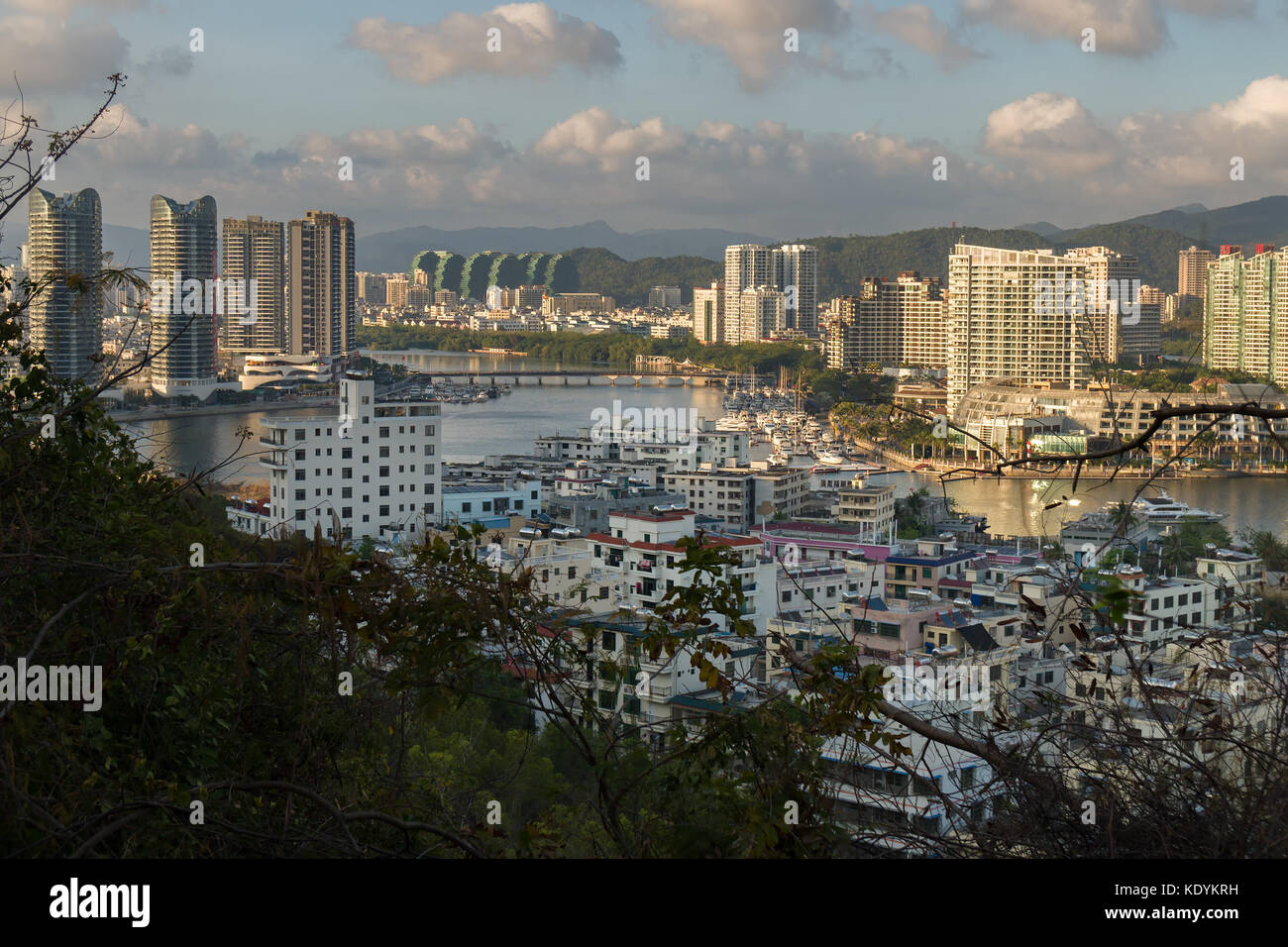 Evening view of Sanya from the top of a hill in a Luhuitou Park Stock ...