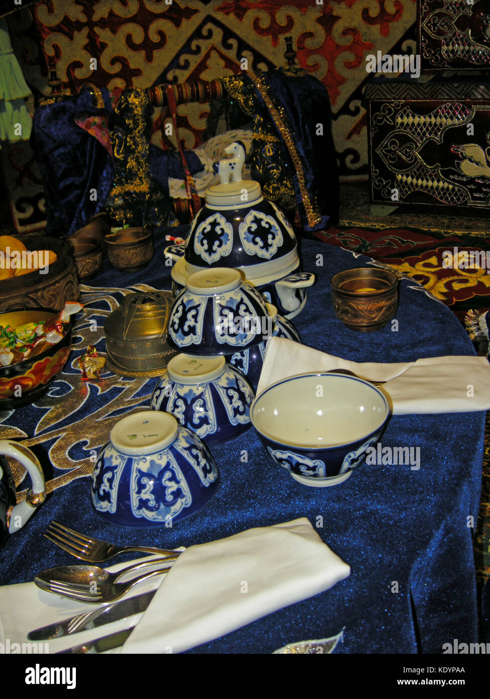 A traditional and colourful china tea set on display at an exhibit in ...