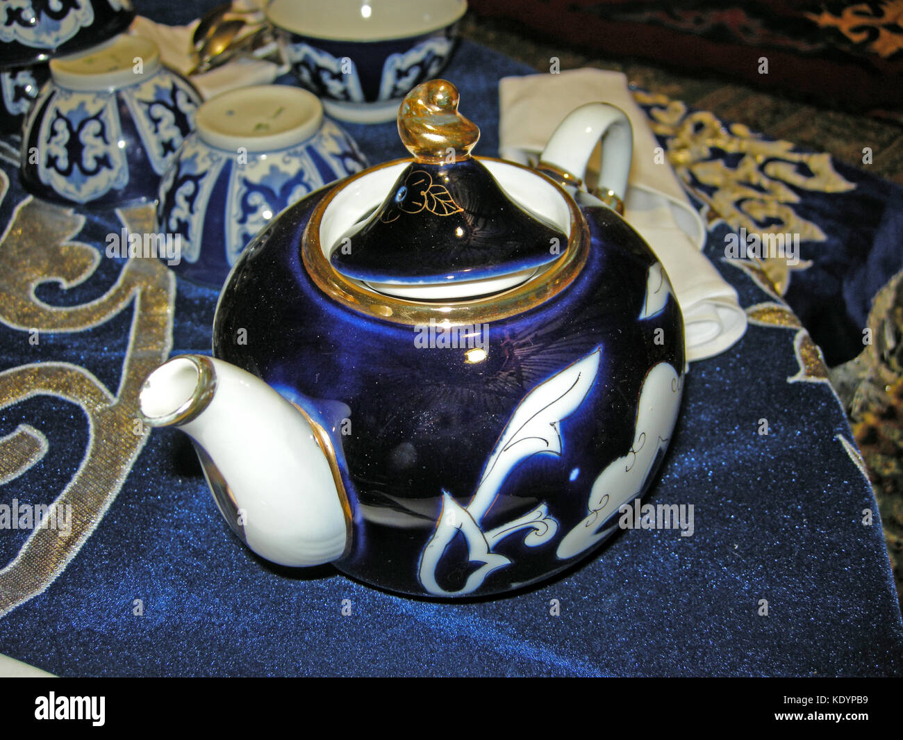 A traditional and colourful china tea set on display at an exhibit in ...