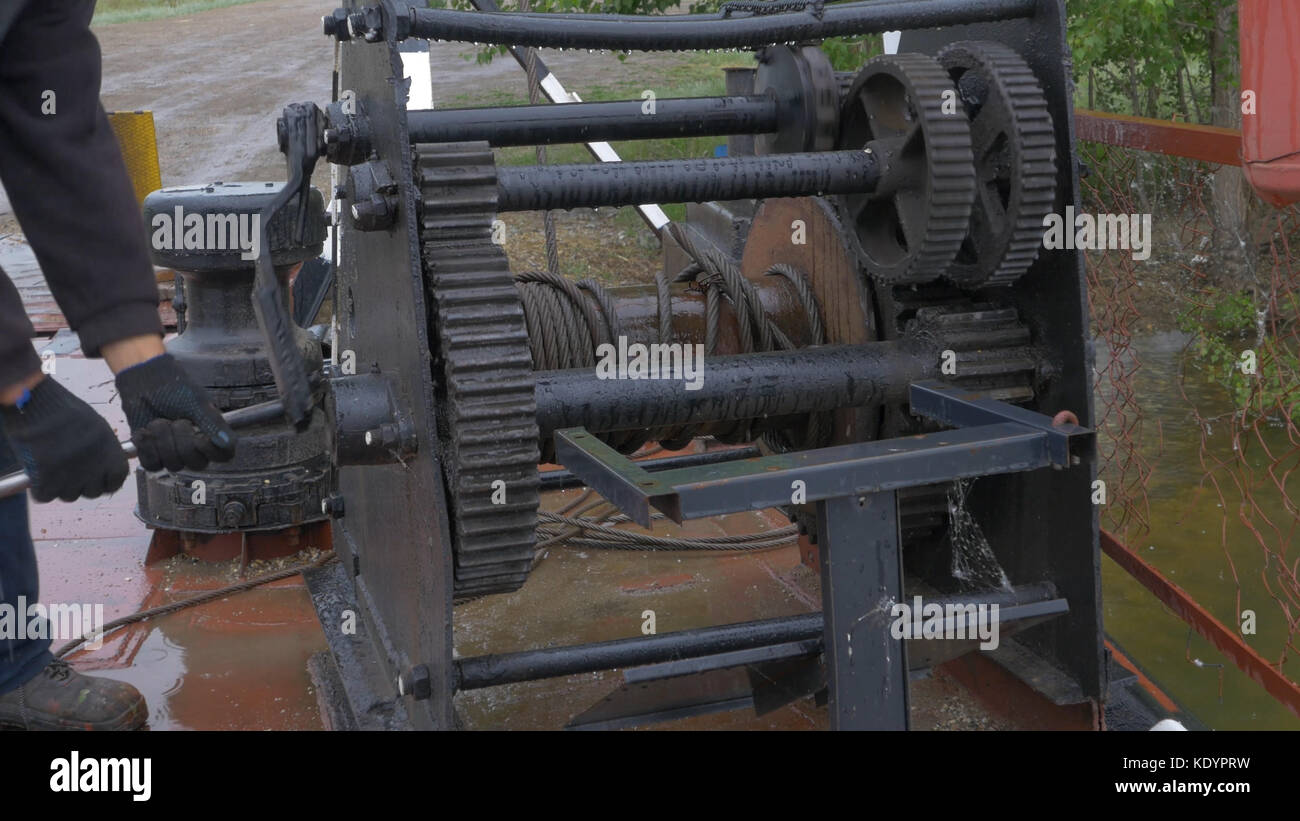 Mooring winch on in the stern of the vessel. Winch on a deck of ship in ...