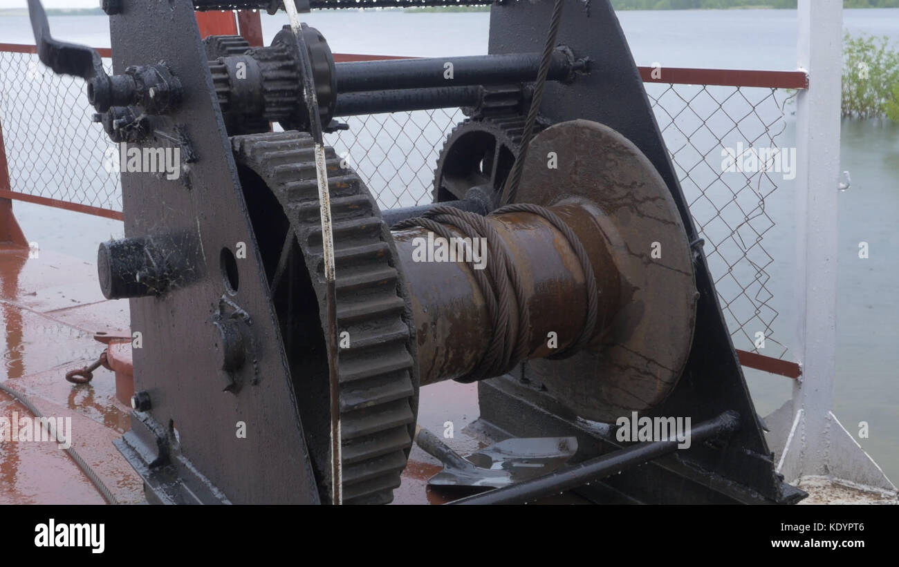 Mooring winch on in the stern of the vessel. Winch on a deck of ship in ...
