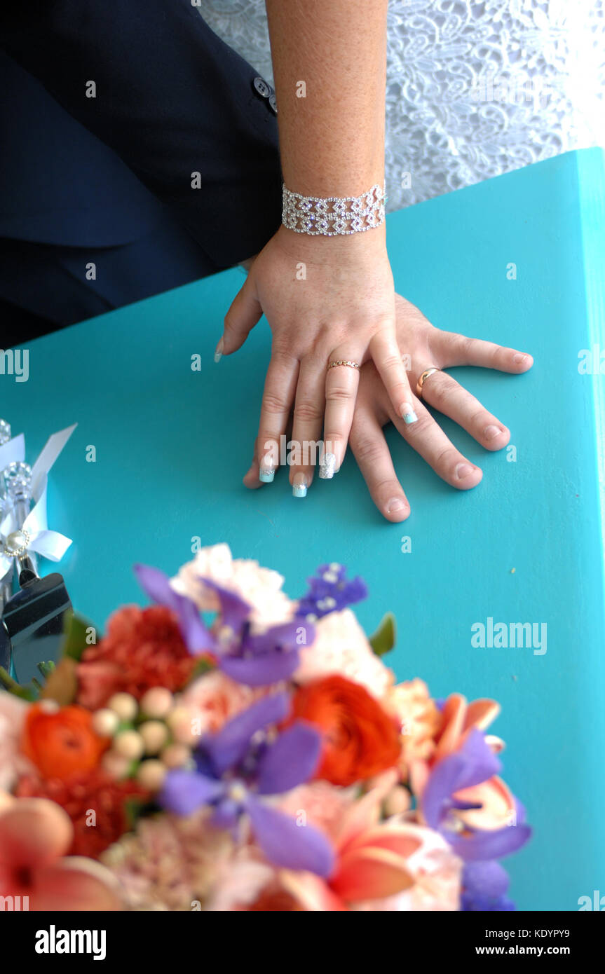 Young Married Couple show their wedding rings Stock Photo - Alamy