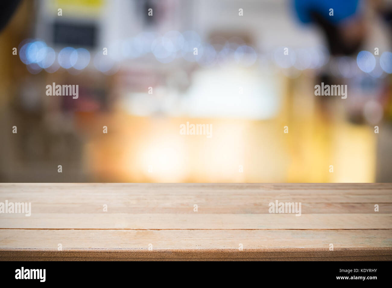 Table wooden desk empty with night bokeh in background for present ...