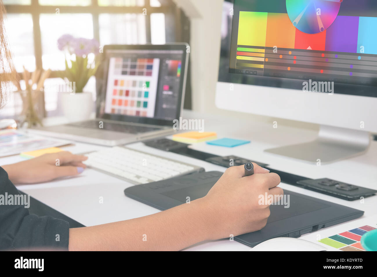 Creative people working on office, graphic design working with computer ...