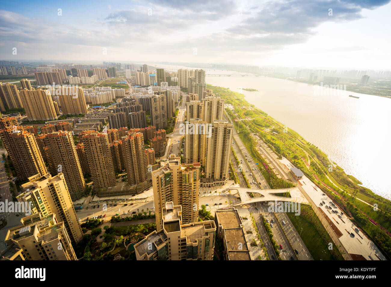 Aerial view of city buildings and river, China Nanchang Stock Photo - Alamy