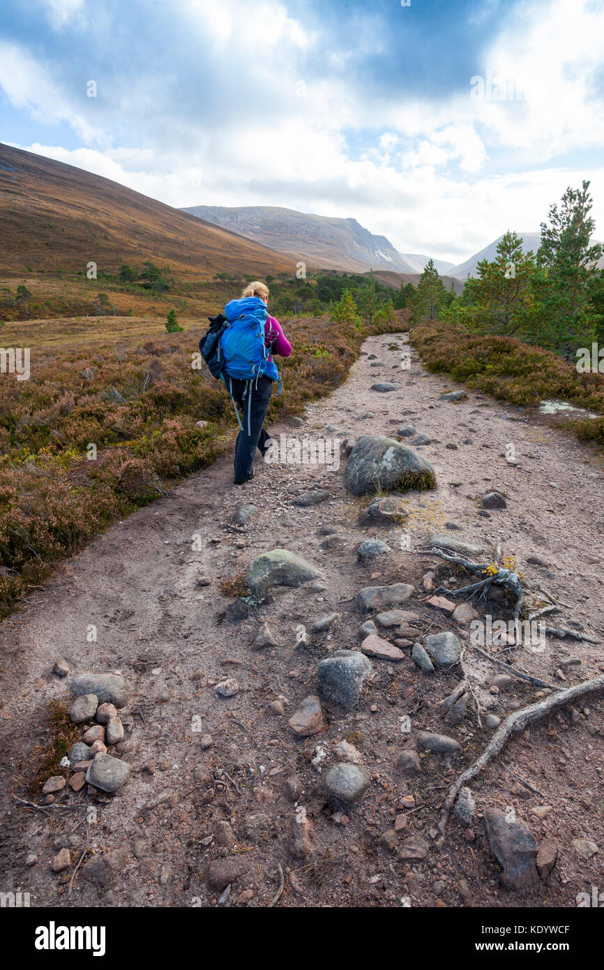 A mountain walker on the trail along the Lairig Ghru mountain pass that ...