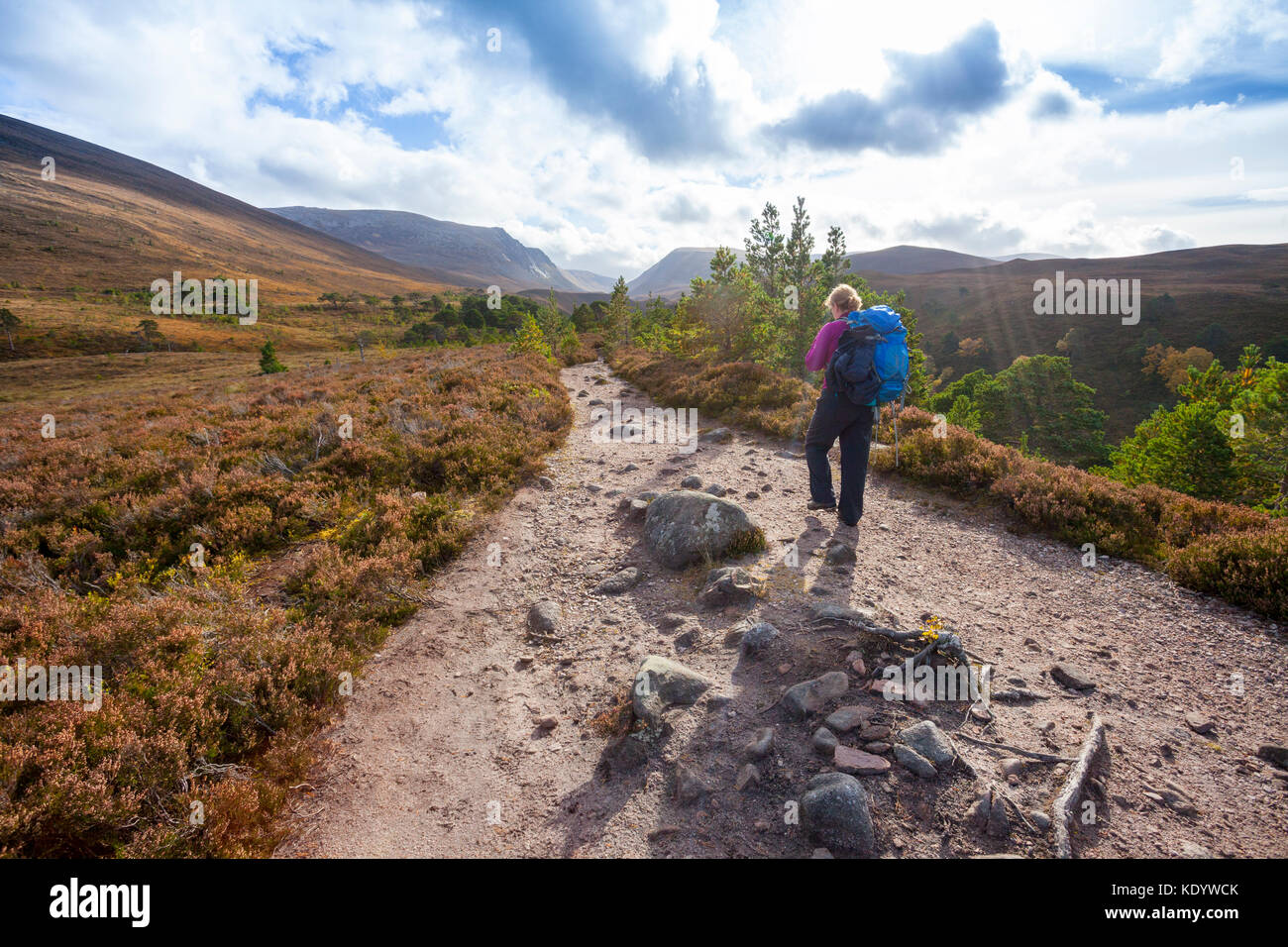 A mountain walker on the trail along the Lairig Ghru mountain pass that ...