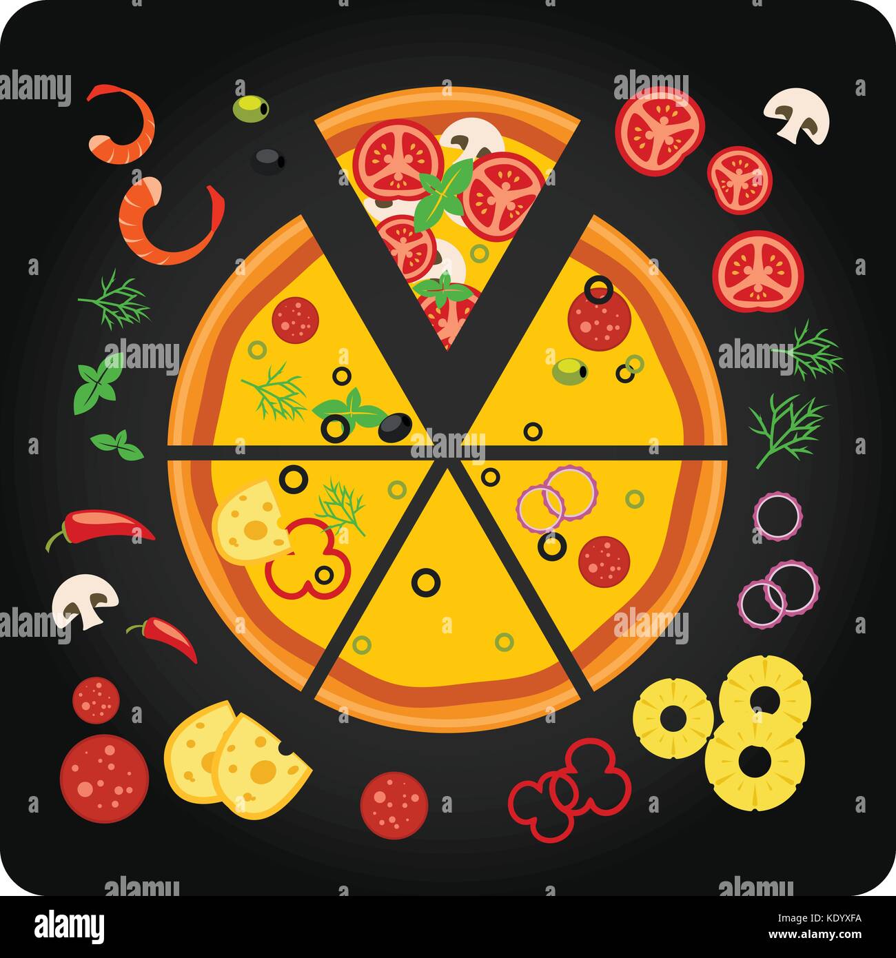 Pizza ingredients - top view of pizza with components Stock Vector ...