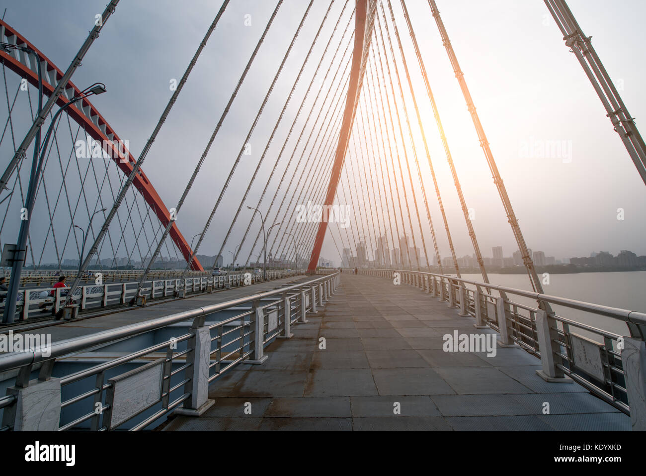 Steel construction of red bridge Stock Photo - Alamy