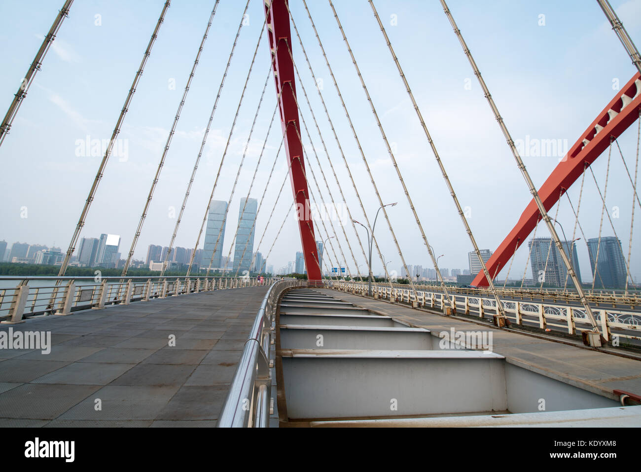 Steel construction of red bridge Stock Photo - Alamy