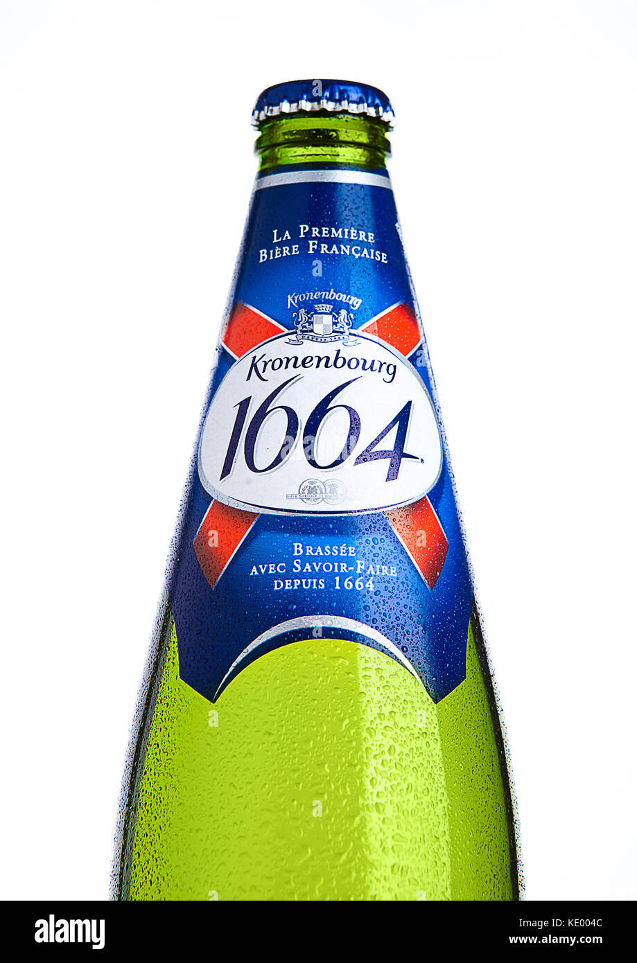 LONDON, UK- NOVEMBER 15 ,2016. Cold bottle of Kronenbourg 1664 beer on ...