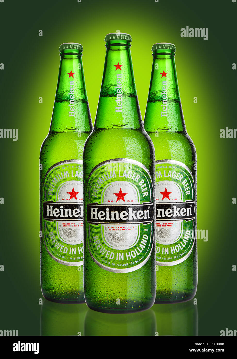 LONDON,UK -OCTOBER 23, 2016: Bottles of Heineken Lager Beer on green ...