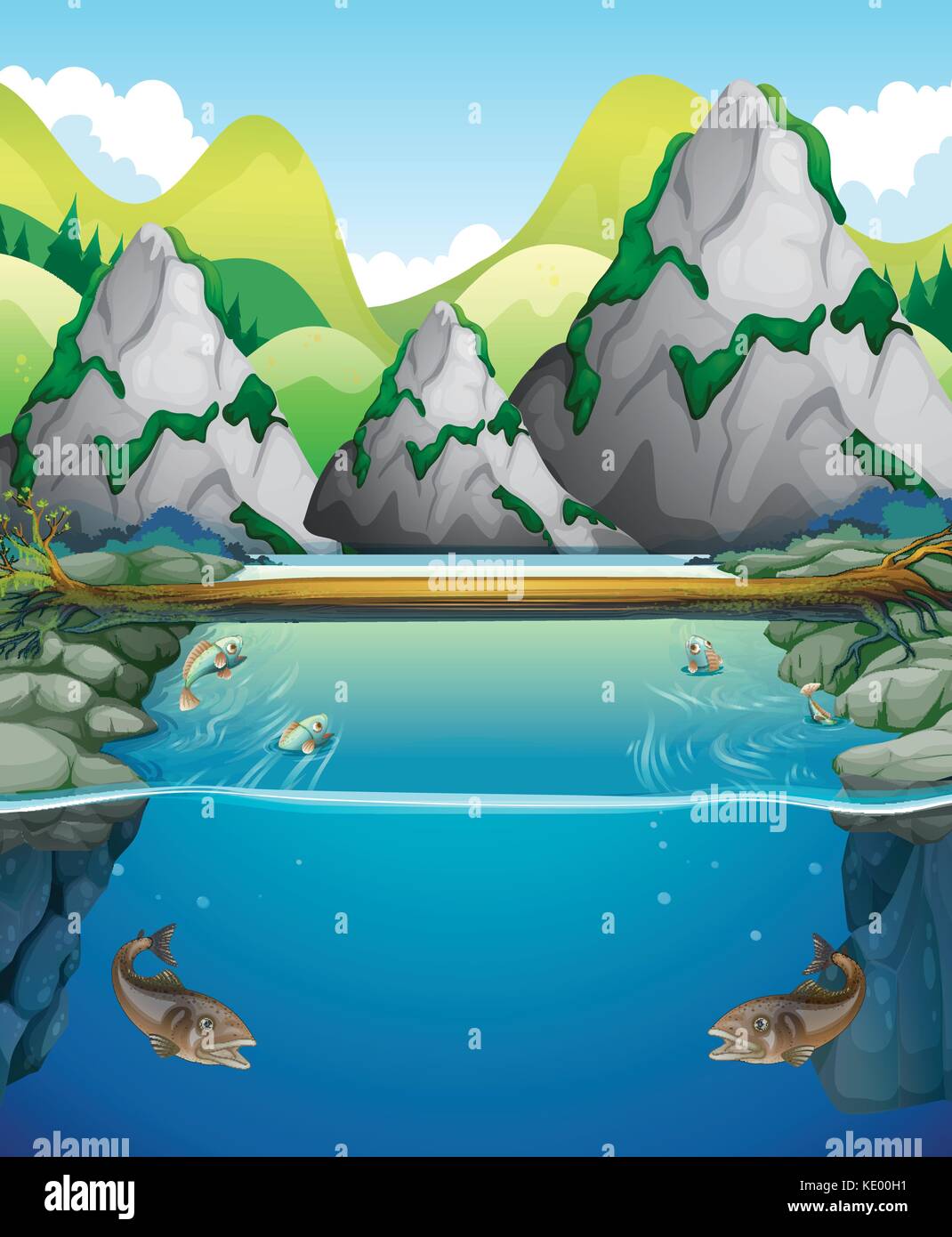 River scene with fish and mountain illustration Stock Vector Image ...