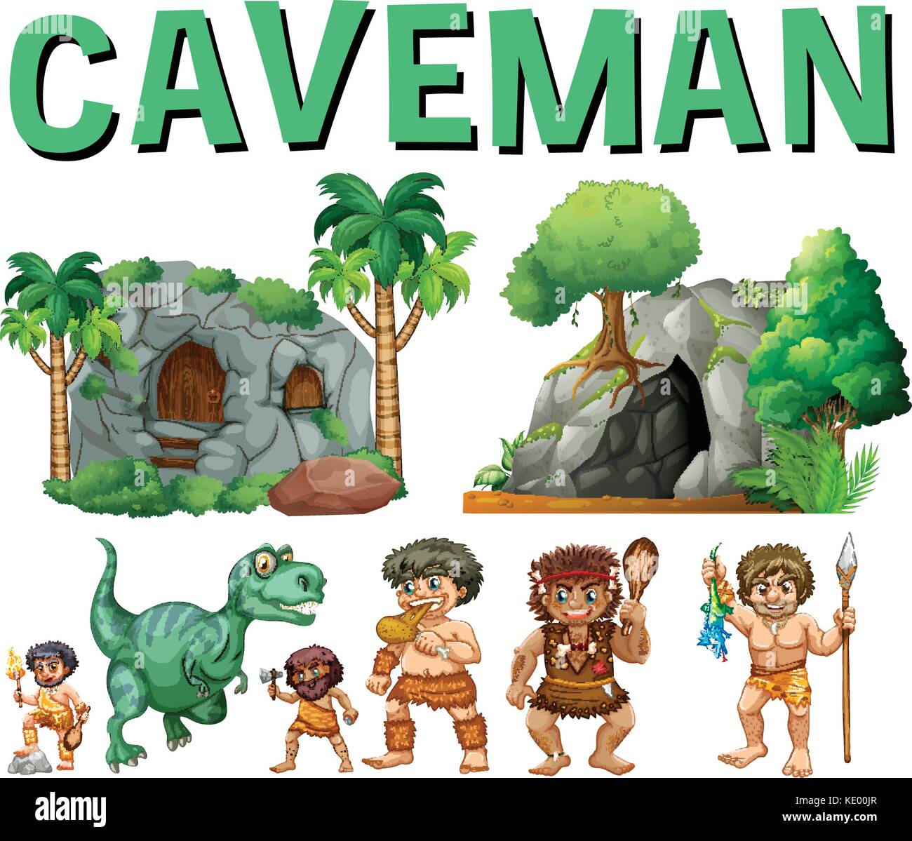 Set of characters and caves for caveman illustration Stock Vector Image ...