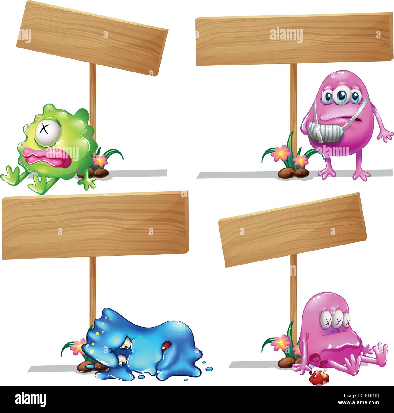 Four wooden signs with cute monsters illustration Stock Vector Image ...